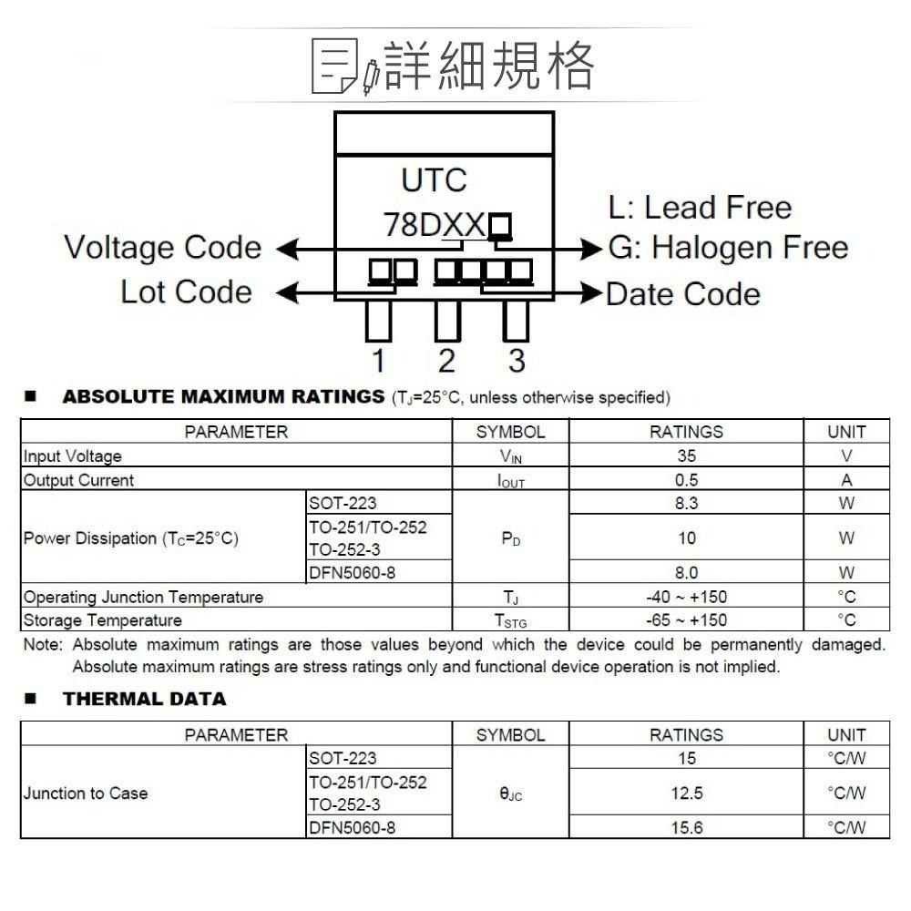 聯騰．UTC 78D15AL-TN3-R DC15V/0.5A 穩壓IC TO-252 - 聯騰 專業電子線上購物｜工具｜零件｜電源供應器 ...