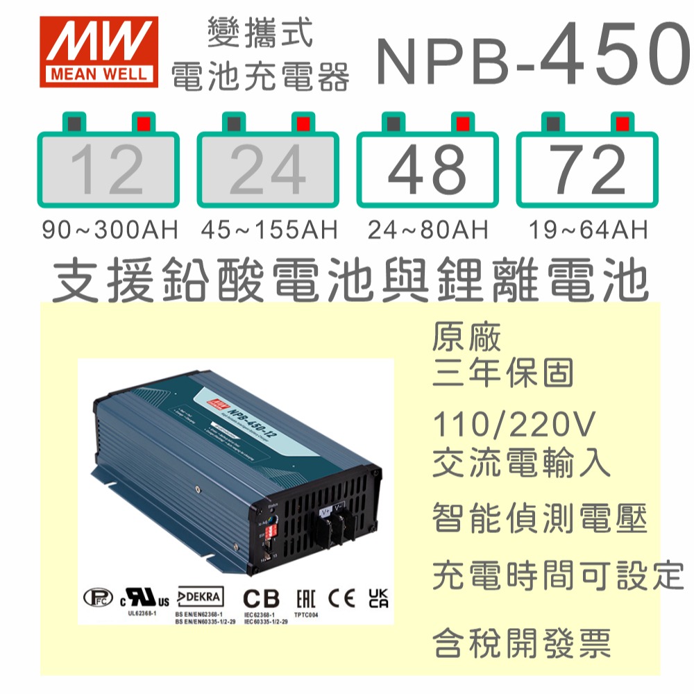 【保固附發票】MW明緯 450W 鉛酸 鋰離電池 NPB-450-48 48V 72 72V 工業級充電器 - 張騫國際 明緯電源線上館