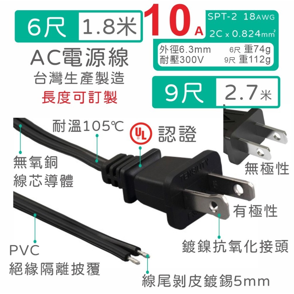 【台製附發票】SPT-2 AC電源線 UL認證 18AWG 2x0.824m㎡ 耐溫105℃ 6/9尺 1.8/2.7米 - 張騫國際 明緯 ...