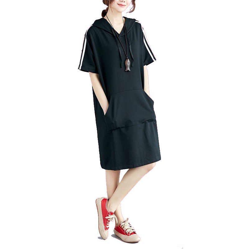 ??2XL-5XL??超大胸圍140公分 特大尺碼胖mm夏裝新款中長款寬鬆顯瘦連帽休閒洋裝 短袖洋裝 中長版洋裝 - INCOMPARABLE - iOPEN Mall