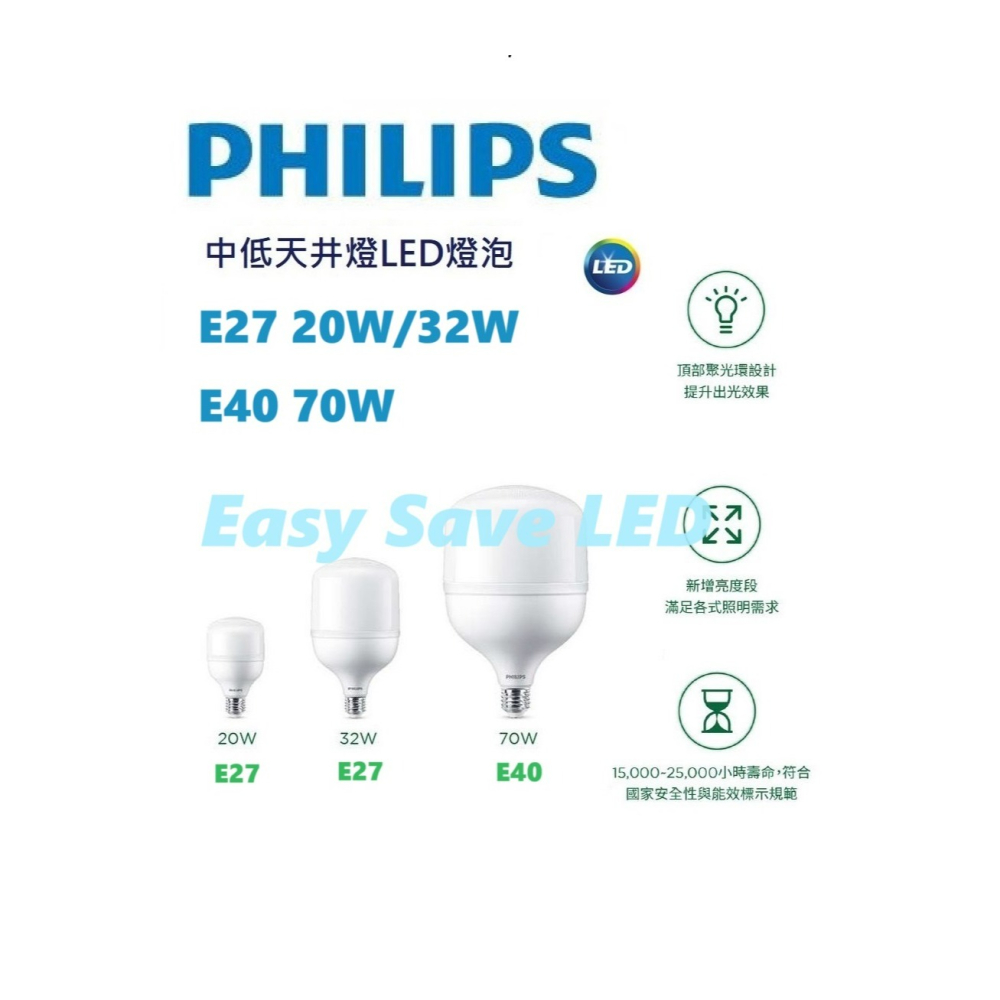 含稅 PHILIPS 飛利浦 LED 中低天井燈 E27 20W/32W ; E40 70W 全電壓 - 輕鬆省電節能照明EZ Save LED - iOPEN Mall