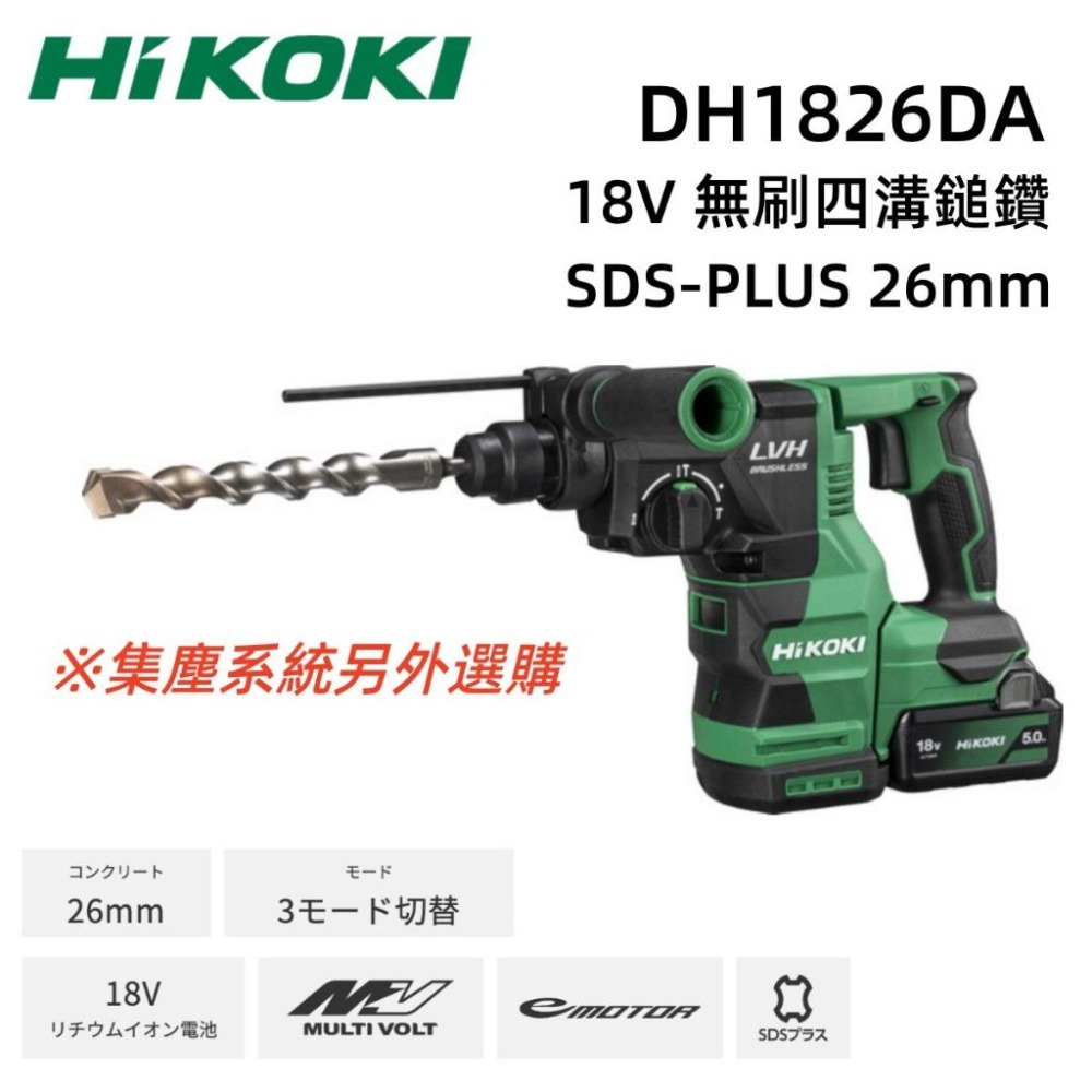 【台北益昌】HIKOKI DH1826DA 18V 無刷 鎚鑽 四溝 SDS-PLUS 26mm 附集塵器 - YC-DIY台北益昌電動工具 ...