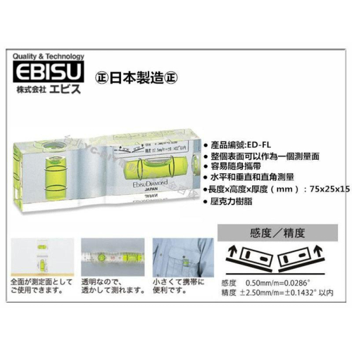 【台北益昌】㊣日本製㊣ EBISU 惠比壽 ED-FL 水晶平型水平尺 (不附磁) 輕巧便利 隨身攜帶 - YC-DIY台北益昌電動工具五金百貨 - iOPEN Mall