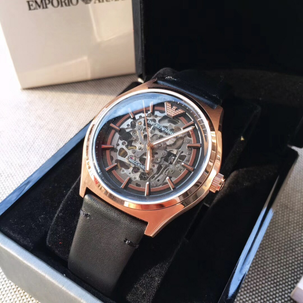 ARMANI手錶男生 新品阿瑪尼機械錶 AR60004全自動機械錶 時尚潮流鏤空透底男錶 商務休閒皮帶錶 通勤百搭腕錶 - Alisa精品代購