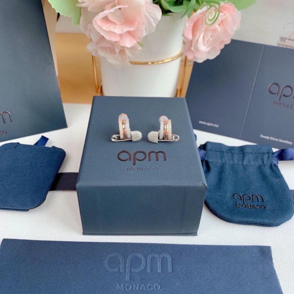 APM MONACO耳環 多彩別針耳環 925純銀耳環 氣質時尚耳釘 純銀高級設計感 法式輕奢耳釘 間玫瑰金色耳環 - Alisa精品代購 - iOPEN Mall