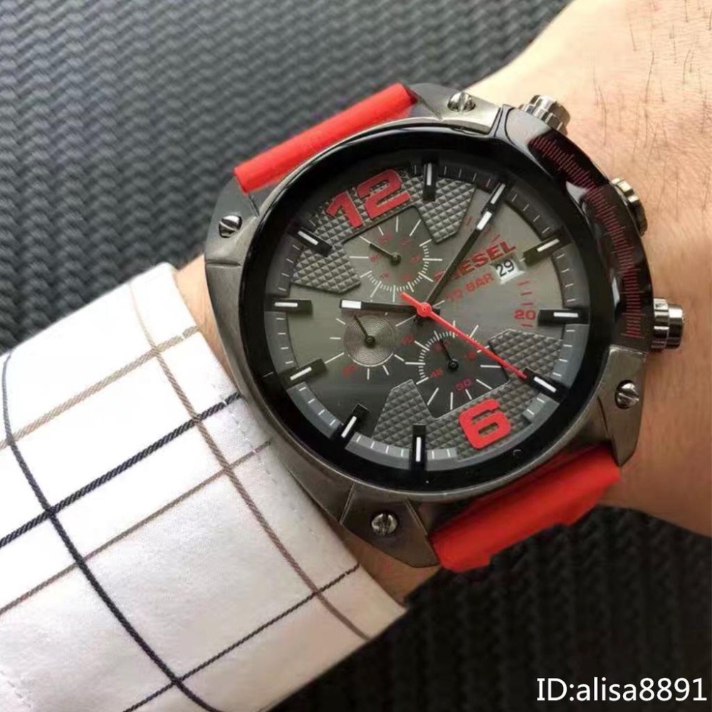 DIESEL手錶 迪賽手錶 休閒運動手錶男 大直徑紅色橡膠錶帶石英錶 CHIEF軍官系列三眼計時防水手錶男 DZ4481 - Alisa精品 ...