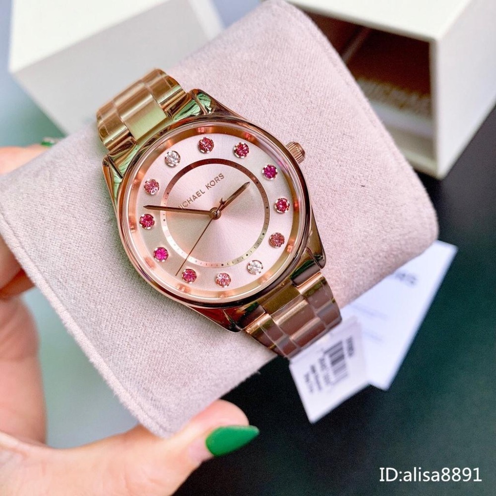 Michael Kors手錶 時尚女錶 百搭女生腕錶 玫瑰金色鋼鏈錶 MK手錶 MK6604彩色寶石面石英錶 精品錶 - Alisa精品代購 ...