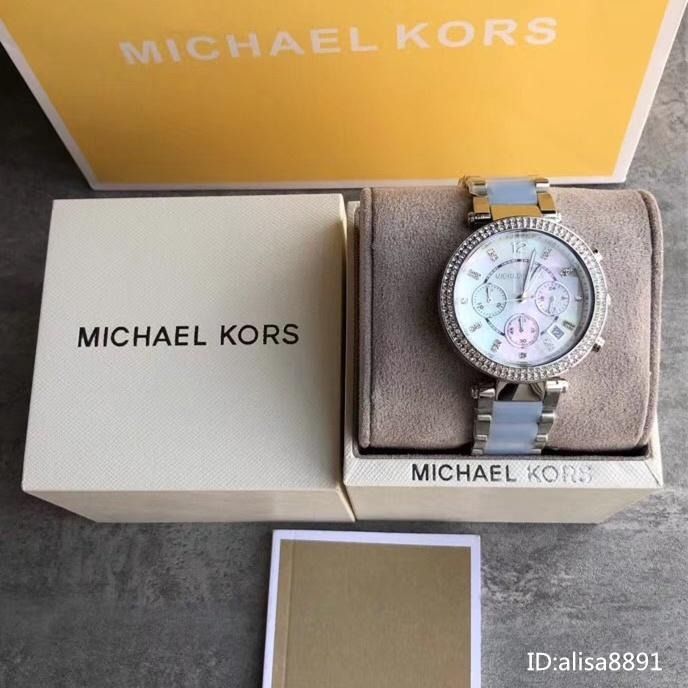 Michael Kors手錶 三眼計時日曆石英錶 冰藍色貝母面鑲鑽女錶 大直徑石英手錶 MK6138 時尚百搭女生腕錶 - Alisa精品代購 ...