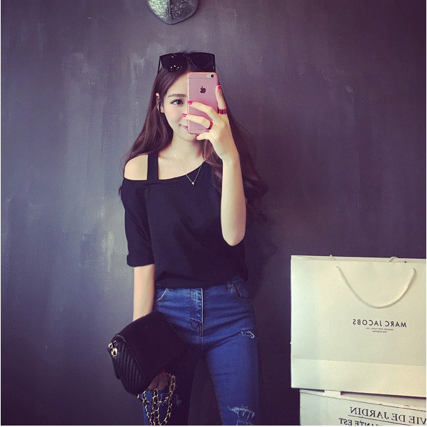 《JDUDS》韓國斜肩一字領不修邊超顯瘦寬鬆上衣棉T - JDUDS平價批發工廠 - iOPEN Mall