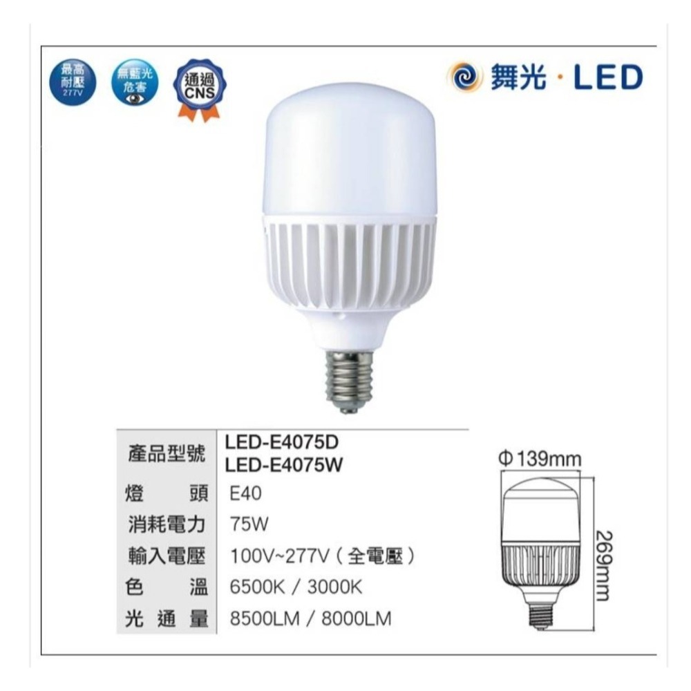 現貨供應 舞光 E40燈頭 LED 75W 全電壓球泡/燈泡燈管/超高8500LM/最高耐壓277V - 微笑燈飾 - iOPEN Mall