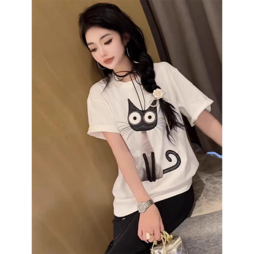 S-5XL大尺碼 新款搞怪貓咪印花寬鬆大碼純棉短袖T恤女夏 - 豆沙小姐日韓服飾 - iOPEN Mall