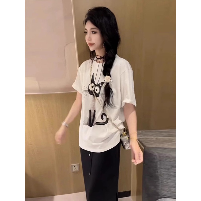 S-5XL大尺碼 新款搞怪貓咪印花寬鬆大碼純棉短袖T恤女夏 - 豆沙小姐日韓服飾 - iOPEN Mall