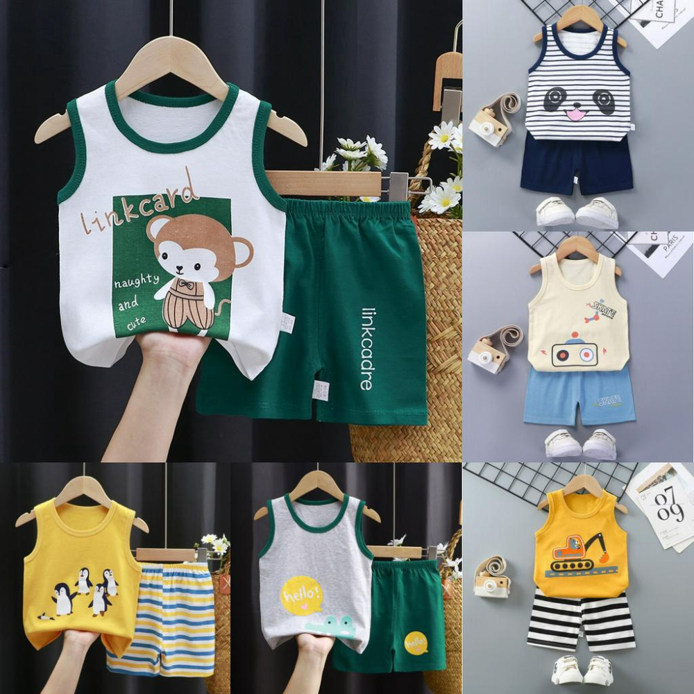 {Arbea}兒童背心套裝夏季純棉男童無袖女童短褲衣服全棉套裝童裝【C263】 - Arbea購物