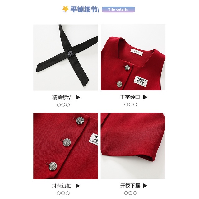 {Arbea}女童學院風連衣紅四件套英倫風夏季韓版洋氣短袖裙子小女孩套裝裙【C25】 - Arbea購物