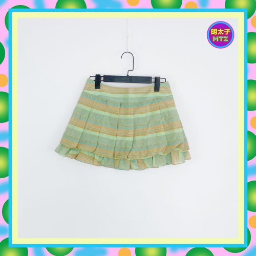 二手 SHOWCASE 綠棕配色 橫條紋 輕薄 微挺 燈籠 迷你 低腰 28 短裙 E807 【明太子 古著應召站】 - 明太子 古著應召站 - iOPEN Mall