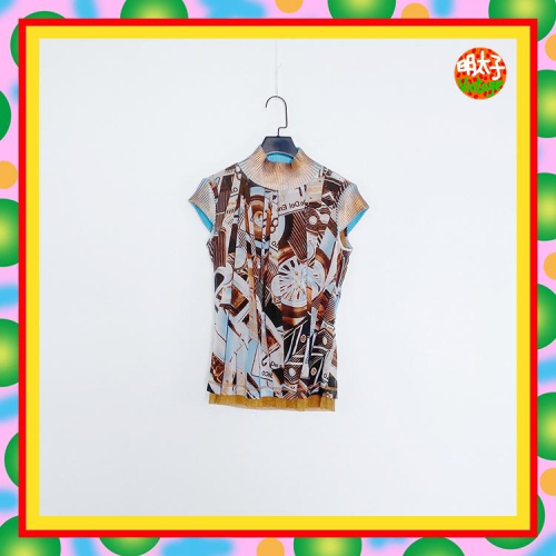 二手 藍咖金 印花 薄紗拼接針織 彈性 背心 E425 【明太子 古著應召站】 - 明太子 古著應召站 - iOPEN Mall