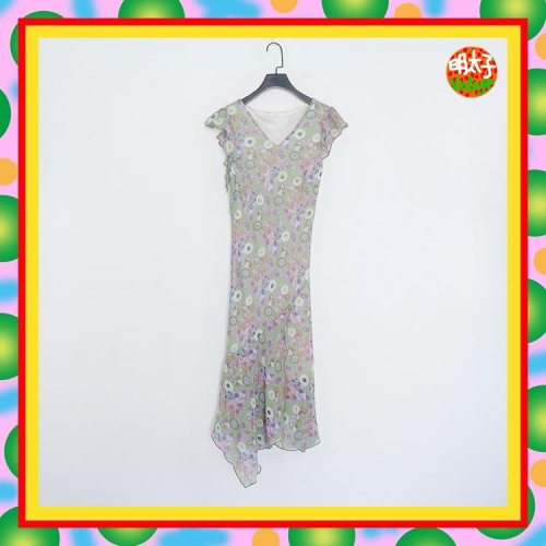 二手 綠色 彩色印花 輕薄飄逸 亮片 無拉鍊 荷葉 洋裝 E206 【明太子 古著應召站】 - 明太子 古著應召站 - iOPEN Mall