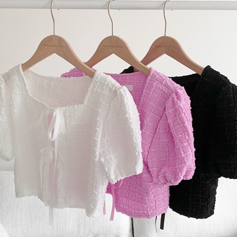 [預購 每周日中午 12:00收單] 2023 正韓 Secon’de secon 春夏女裝 立體格紋緞帶綁帶開襟罩衫 - 就這樣賣吧!! - iOPEN Mall