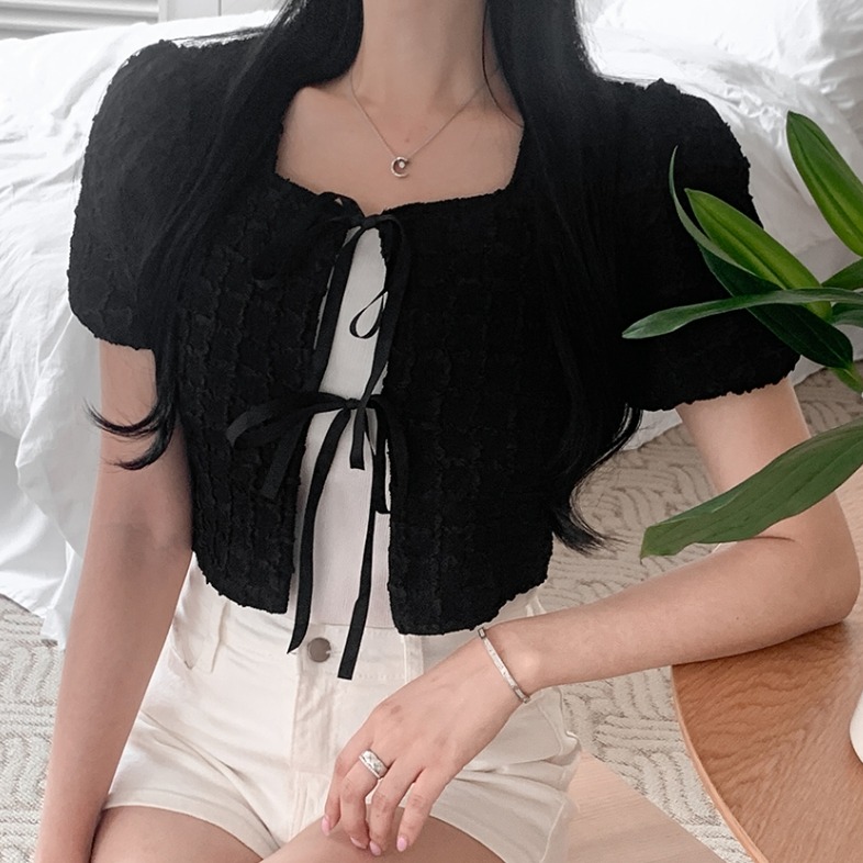 [預購 每周日中午 12:00收單] 2023 正韓 Secon’de secon 春夏女裝 立體格紋緞帶綁帶開襟罩衫 - 就這樣賣吧!! - iOPEN Mall