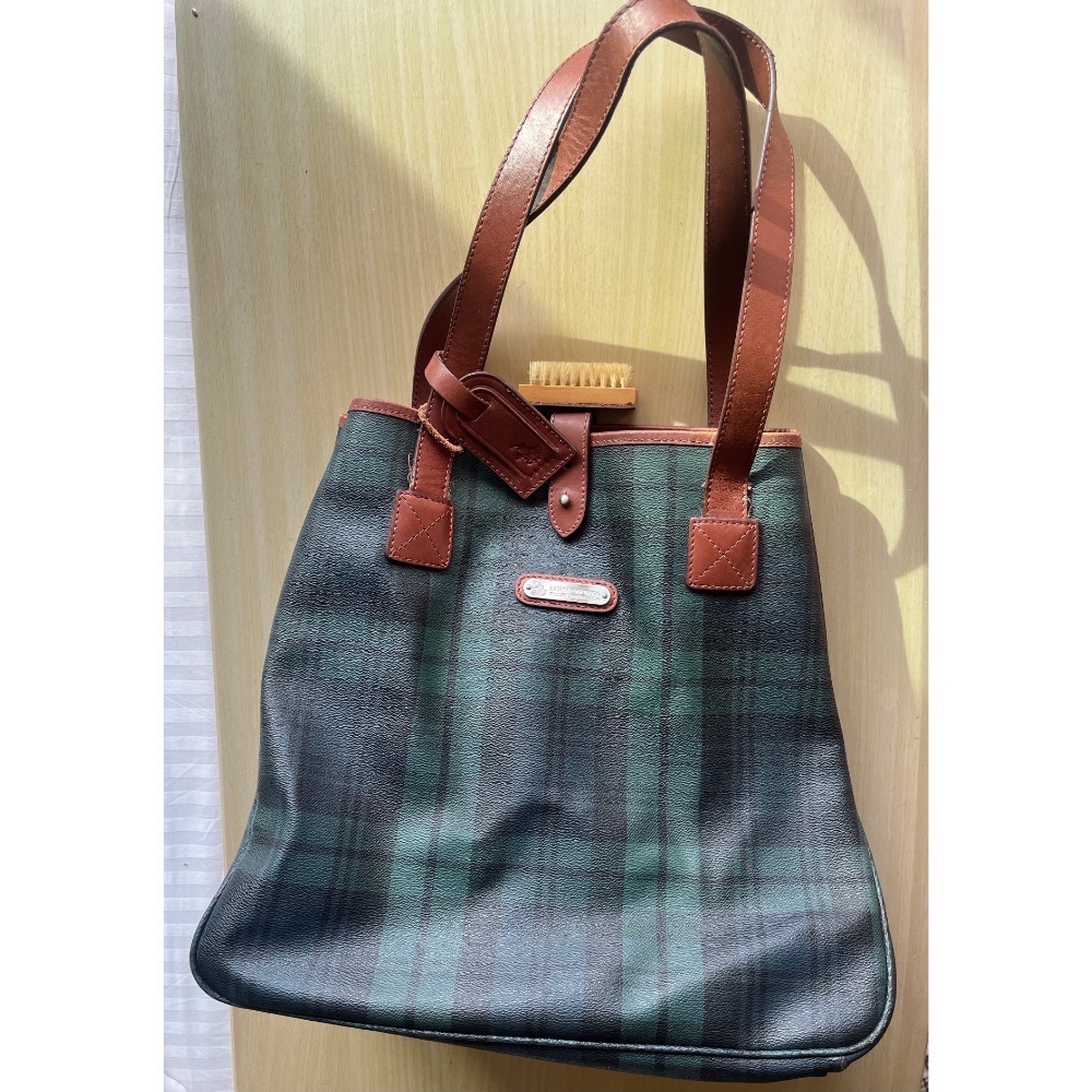 出清 真皮 牛皮 雙層 水桶包 托特包 Polo santa roberta經典綠格大水桶包 - lilistore - iOPEN Mall