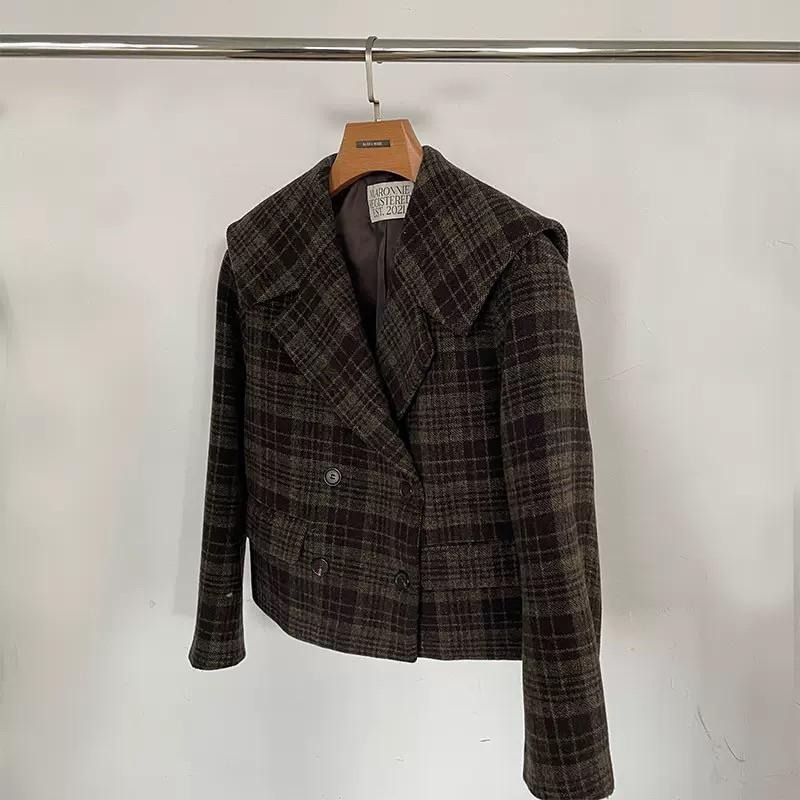[全新]MARONNIE盛太雪糕定制 韓代海軍領格子西服外套短大衣80%羊毛 free size 韓國歐膩風格 - midori666 - iOPEN Mall