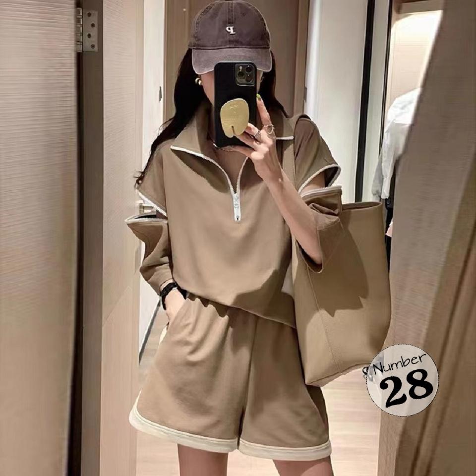 Number28 - (套裝) 拉鍊造型上衣+撞色鬆緊短褲 283122 - Number28