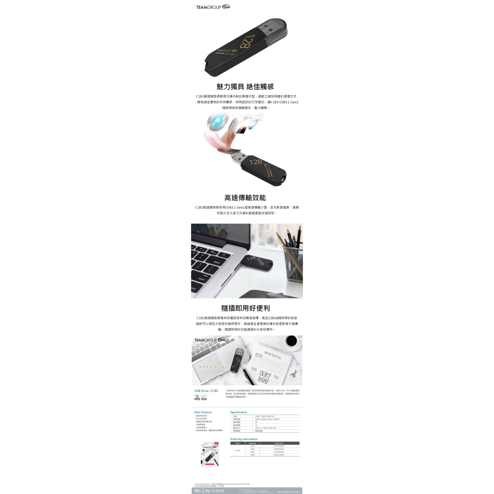 《SUNLINK》十銓TEAM C183 128G 128GB USB3.2 隨身碟 - 崴瀚實業有限公司